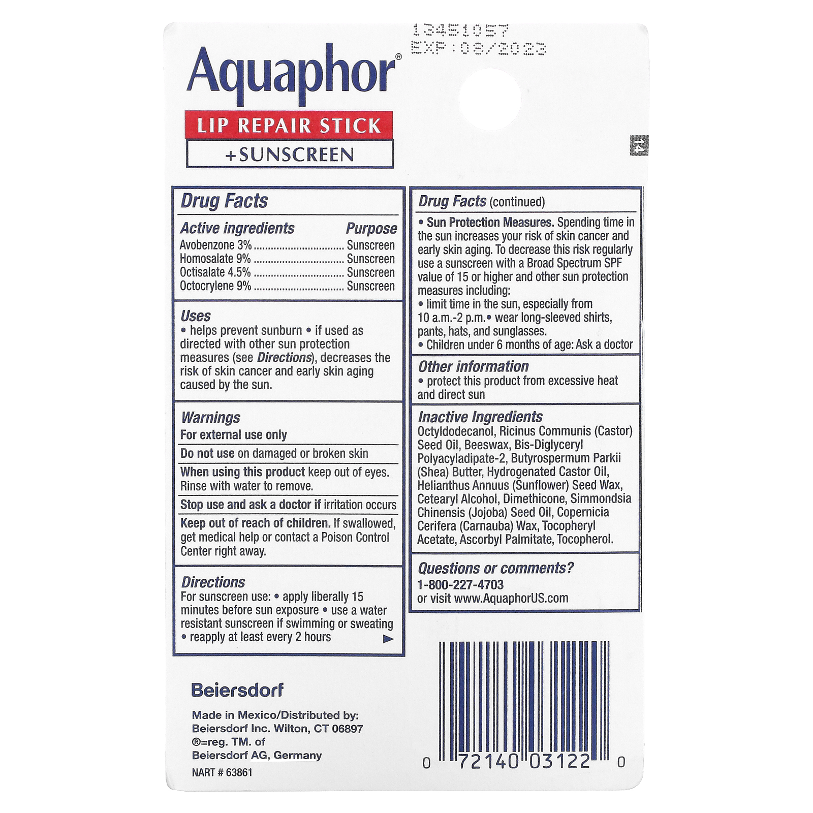 Aquaphor, Lip Repair Stick + Sunscreen, SPF 30, Fragrance Free, 0.17 oz ...