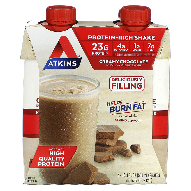 Atkins, Shake Rico em Proteínas, Chocolate Cremoso, 4 Shakes, 500 ml ...