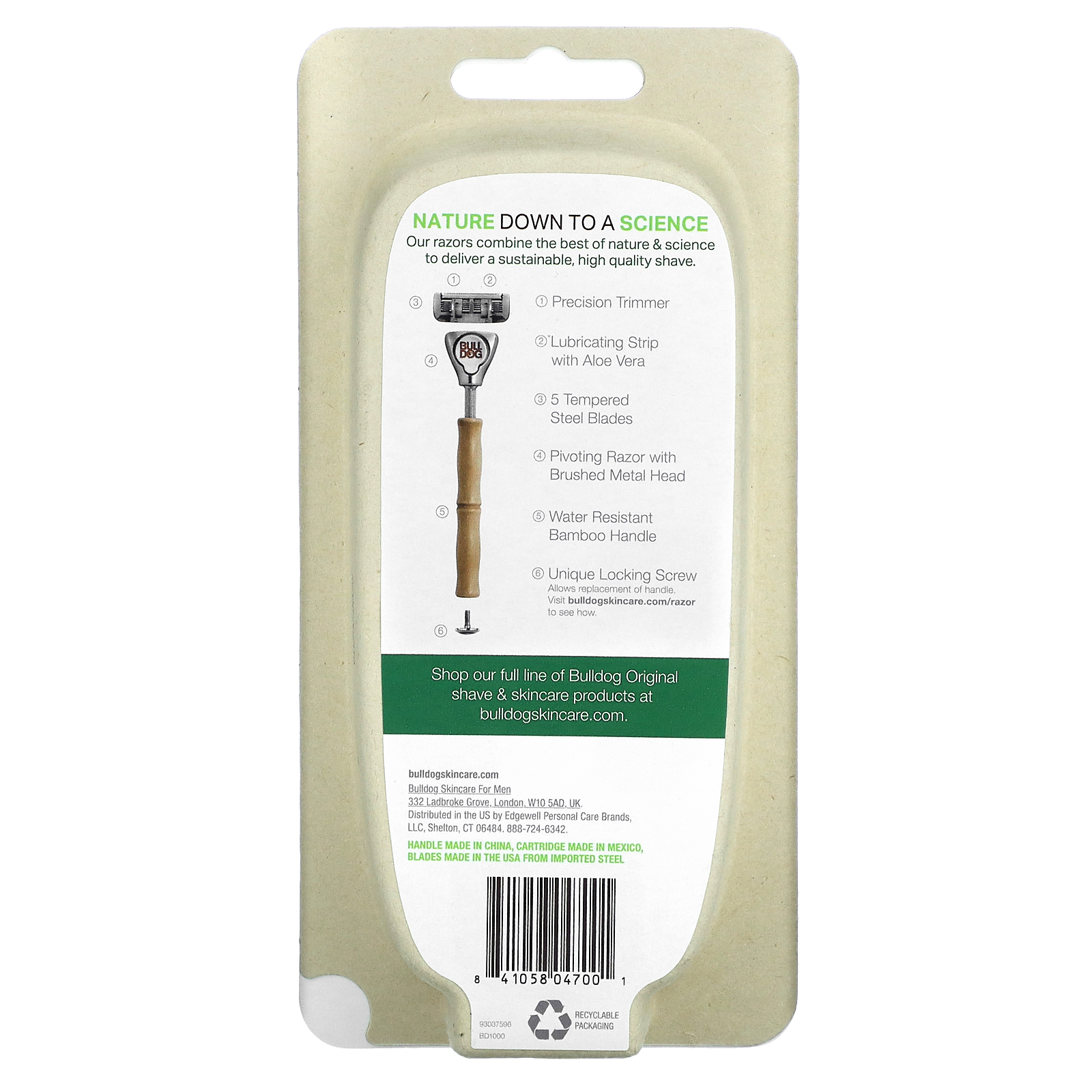 Bulldog Skincare For Men, Original Bamboo Razor, 1 Razor, 2 Cartridges