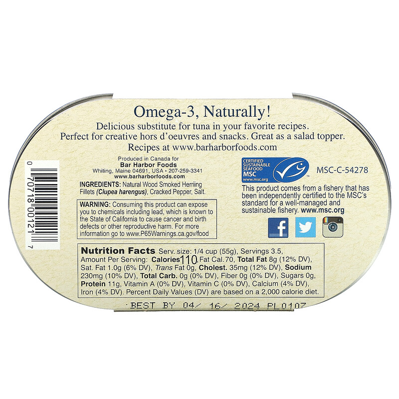Bar Harbor, Wild Herring Fillets Seasoned with Cracked Pepper, 6.7 oz ...