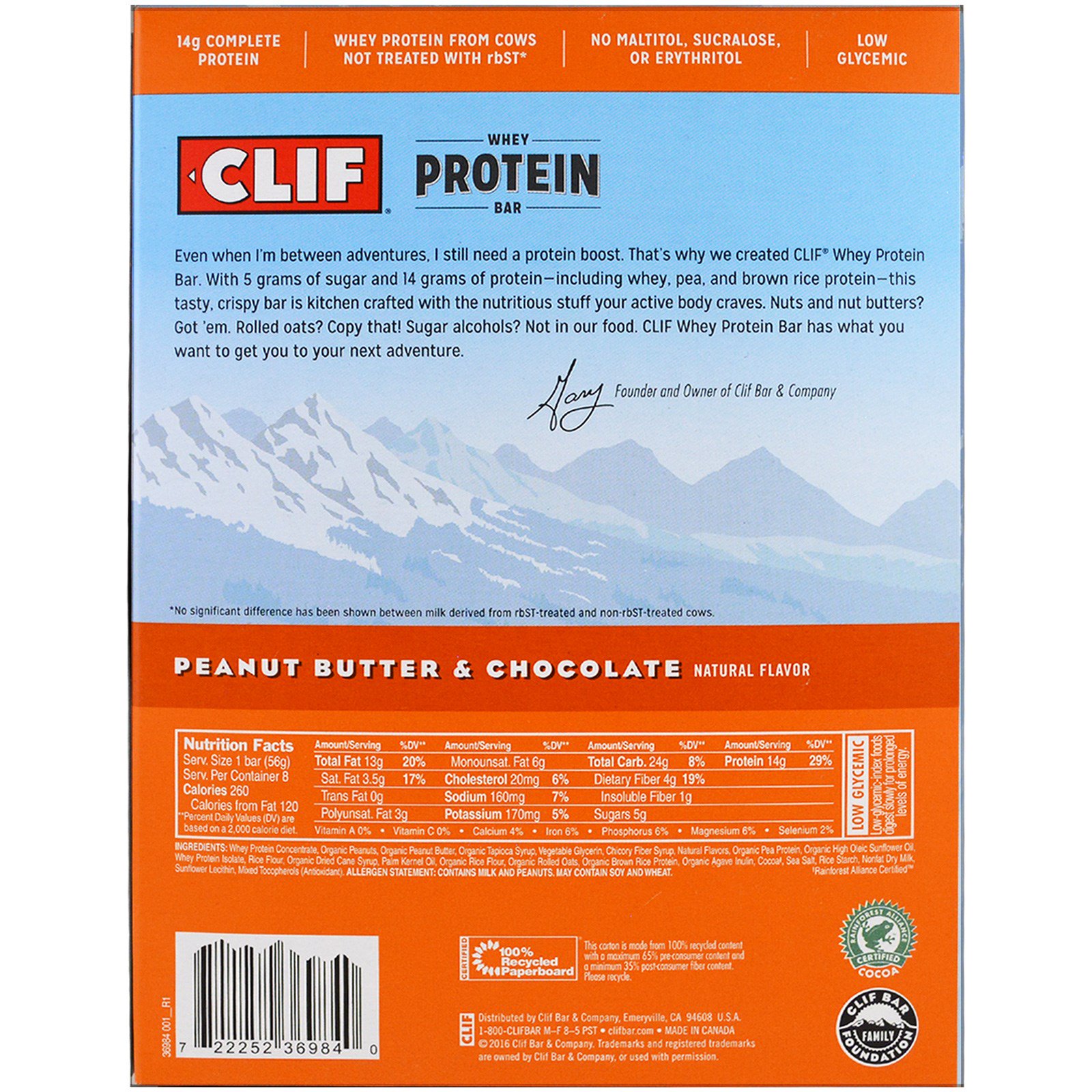 Clif Bar, Whey Protein Bar, Peanut Butter & Chocolate , 8 Bars, 1.98 oz ...