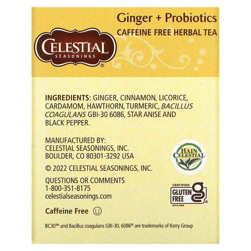 Celestial Seasonings, Herbal Tea, Ginger + Probiotics, Caffeine Free ...