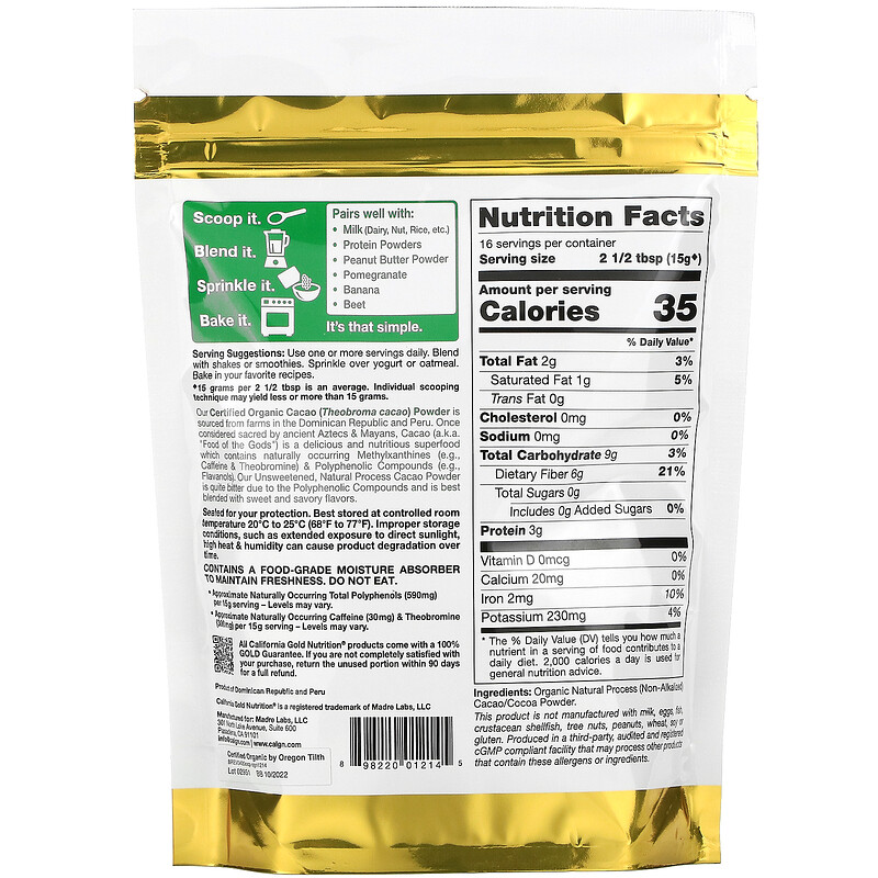 California Gold Nutrition Superfoods Organic Cacao Powder 85 Oz 240 G Iherb
