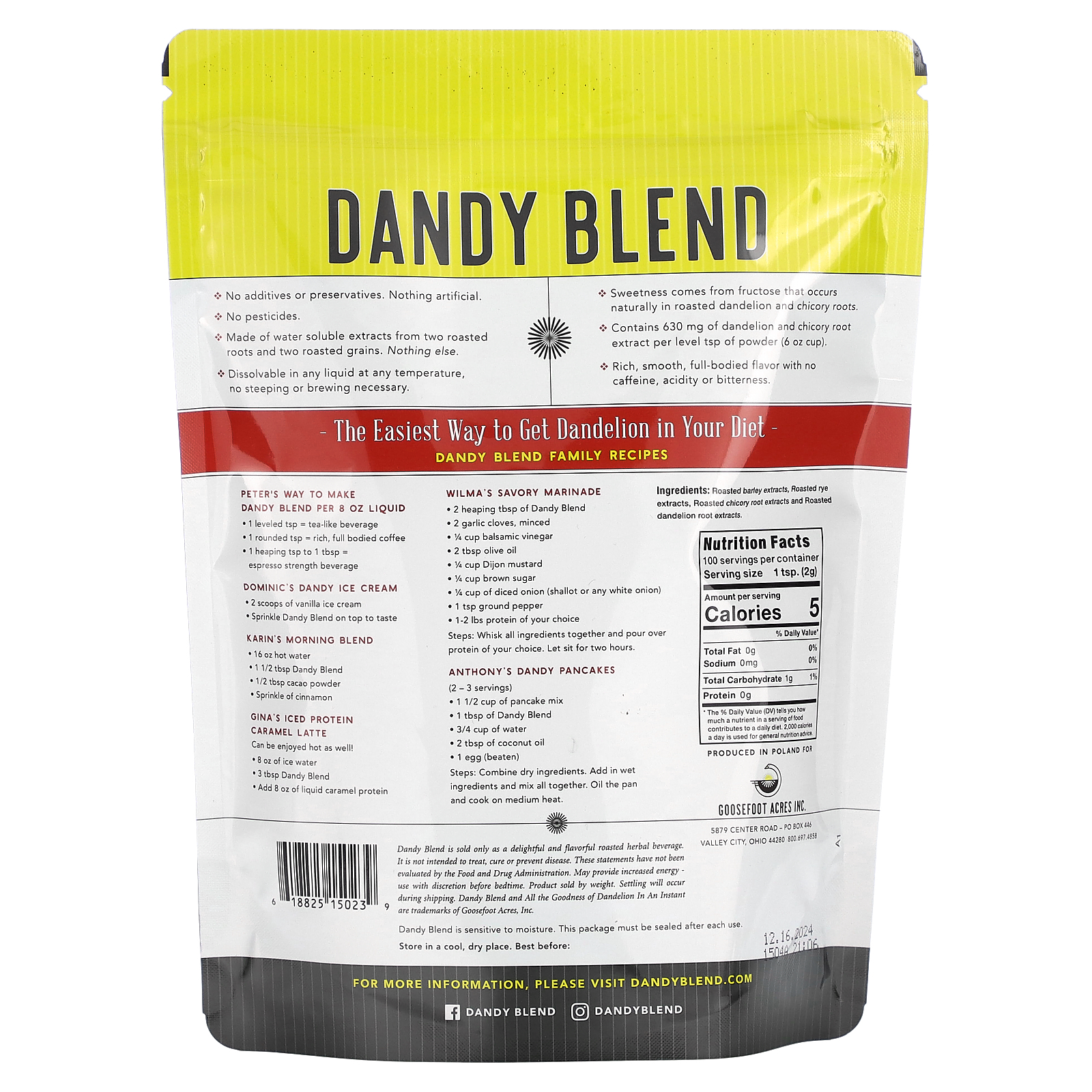 Dandy Blend, Instant Herbal Beverage with Dandelion, Caffeine Free, 7. ...