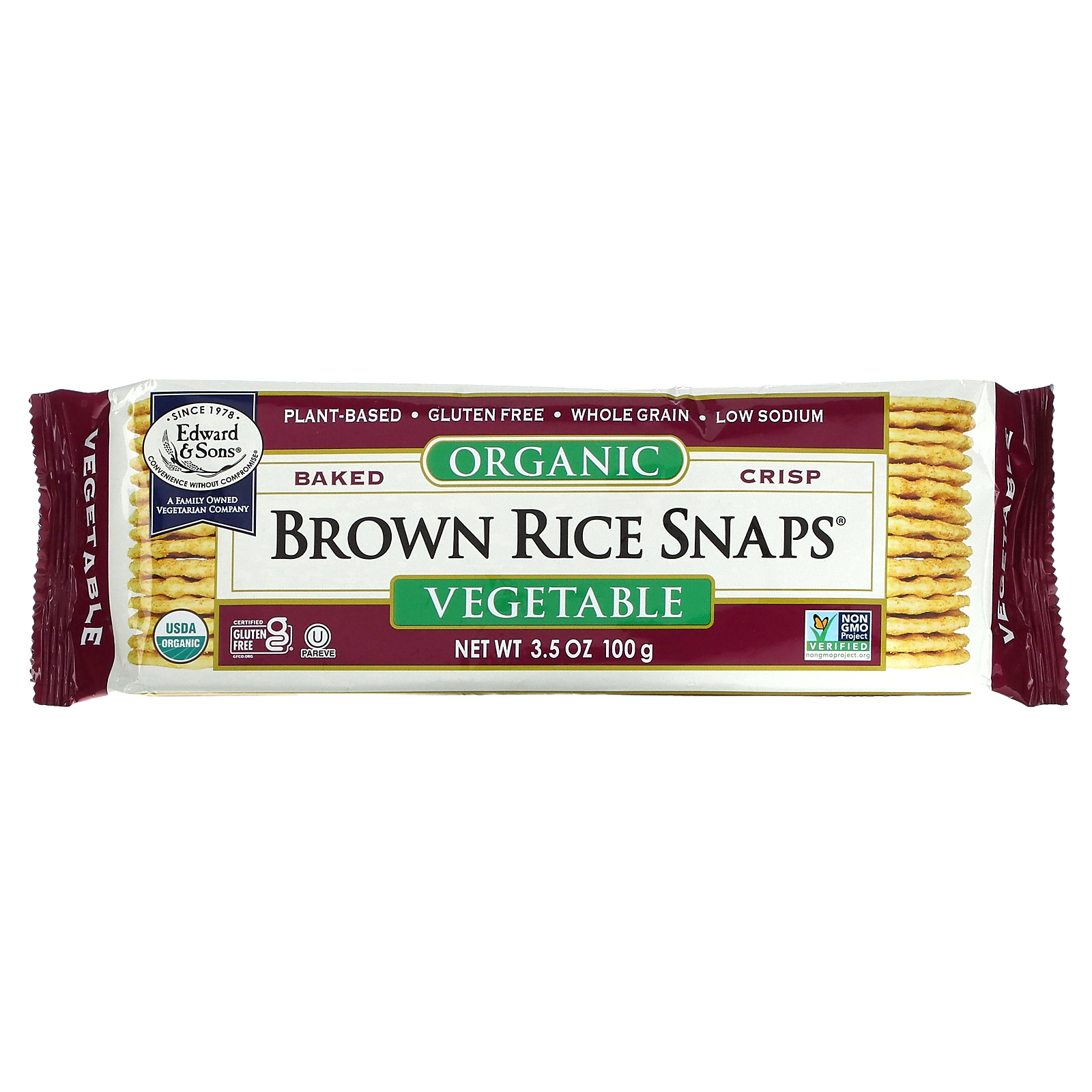 Edward & Sons, オーガニックベイクドクリスプBrown Rice Snaps（玄米スナップ）、野菜、100g（3.5オンス）