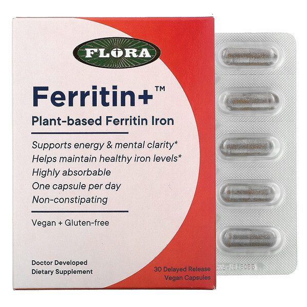 Flora, Ferritin+, Plant-Based Ferritin Iron, 30 Delayed Release Vegan ...