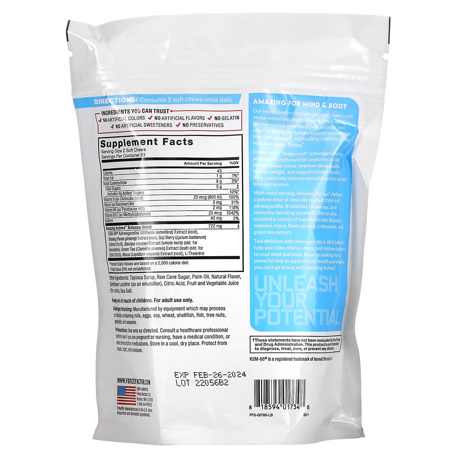 Force Factor, Amazing Ashwa, Triple Berry, 60 Soft Chews