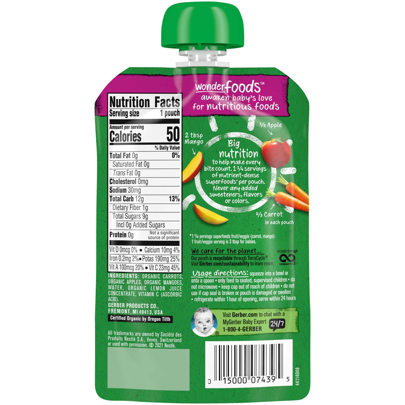 Gerber, Smart Flow, 유기농, 당근, 사과, 망고, 99g(3.5oz)