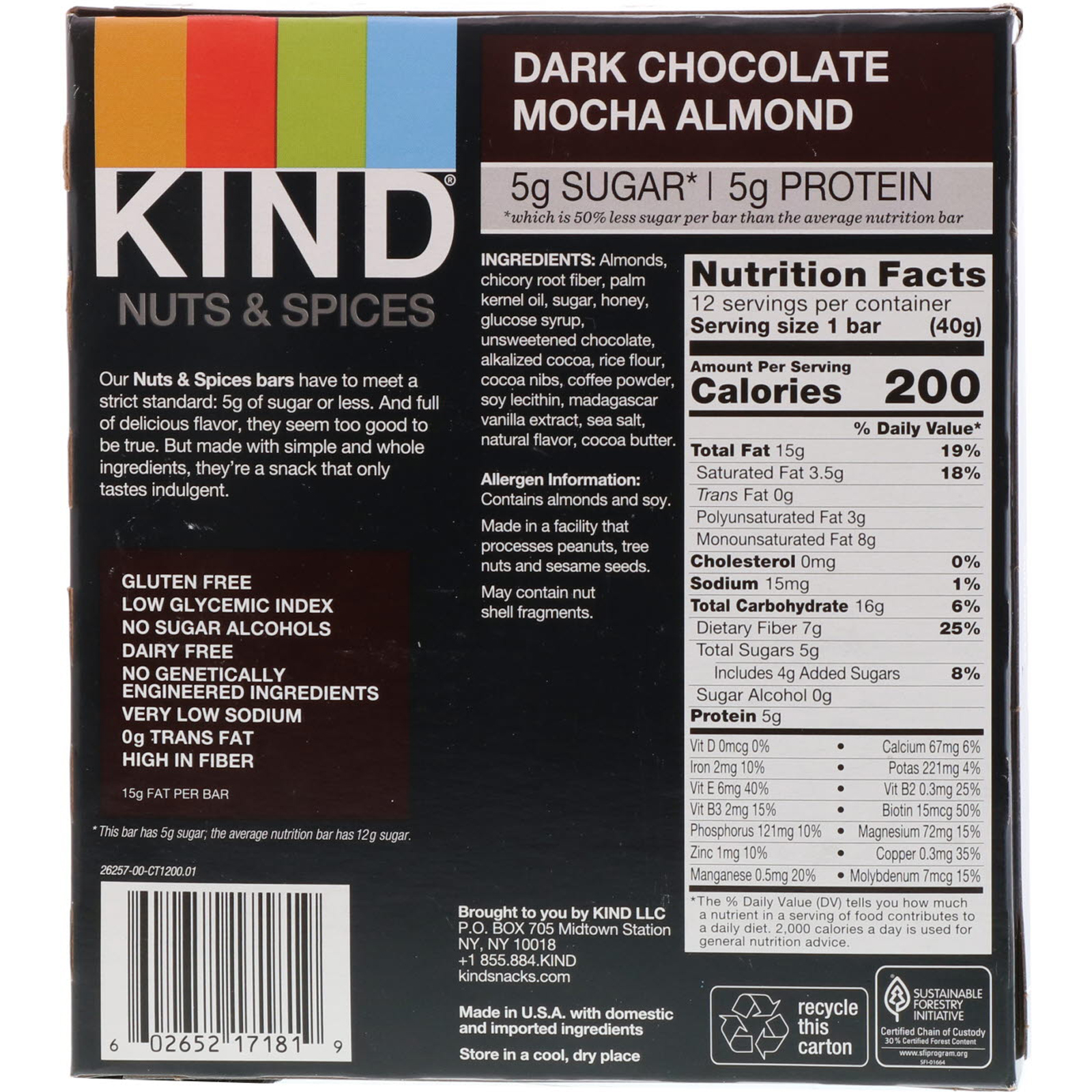 KIND Bars, Nuts & Spices, Dark Chocolate Mocha Almond, 12 Bars, 1.4 oz ...