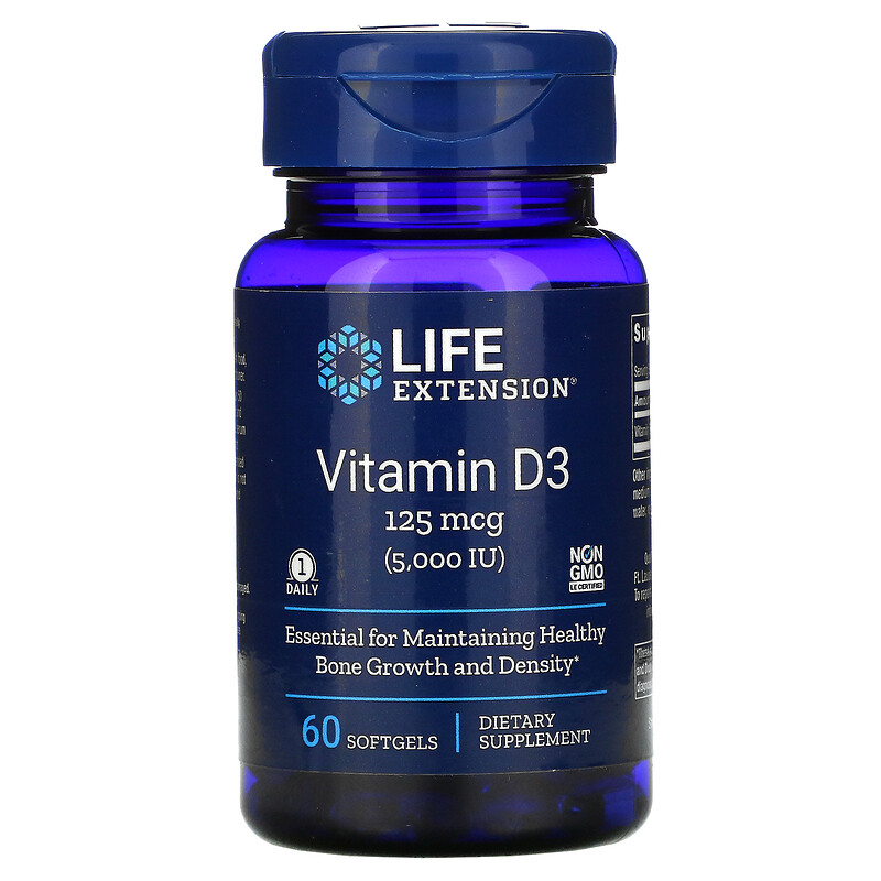 Life Extension, Vitamina D3, 125 mcg (5000 UI), 60 cápsulas blandas - iHerb