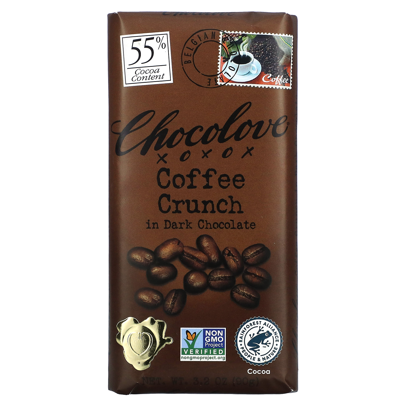 Chocolove, Coffee Crunch in Dark Chocolate, 55% Cocoa, 3.2 oz (90 g)