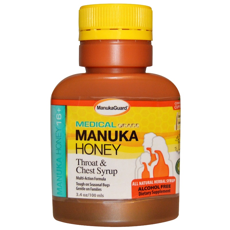 ManukaGuard, Manuka Honey 16+, Throat & Chest Syrup, Alcohol Free, 3.4 ...