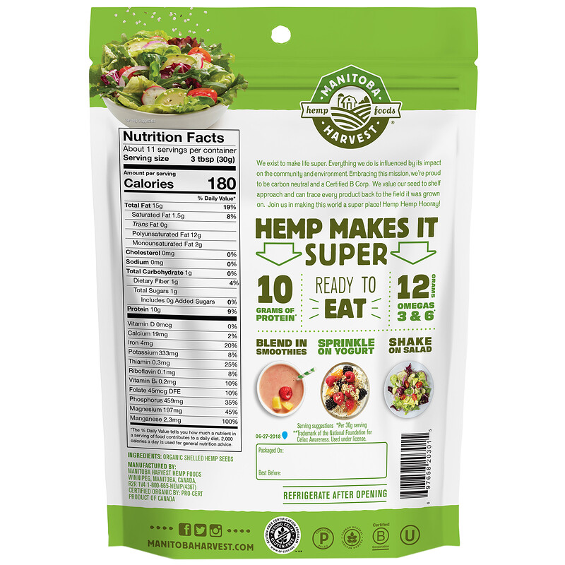 Manitoba Harvest Hemp Hearts Organic Shelled Hemp Seeds Delicious Nutty Flavor 12 Oz 340 G