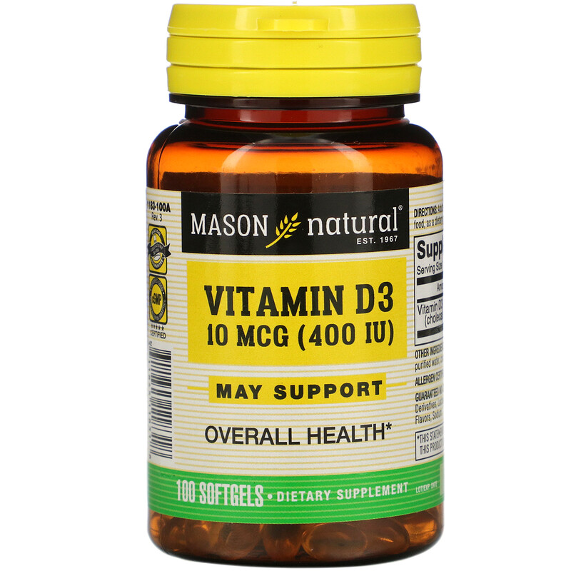 Mason Natural, Vitamin D3, 10 mcg (400 IU), 100 Softgels - iHerb