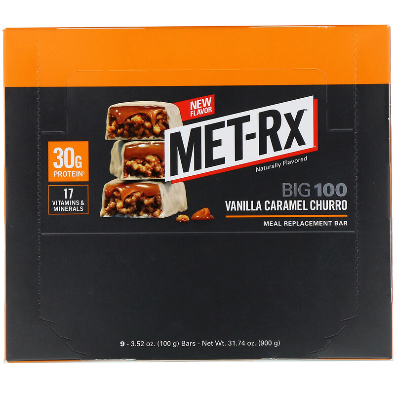 MET-Rx, Big 100, Meal Replacement Bar, Vanilla Caramel Churro, 9 bars ...