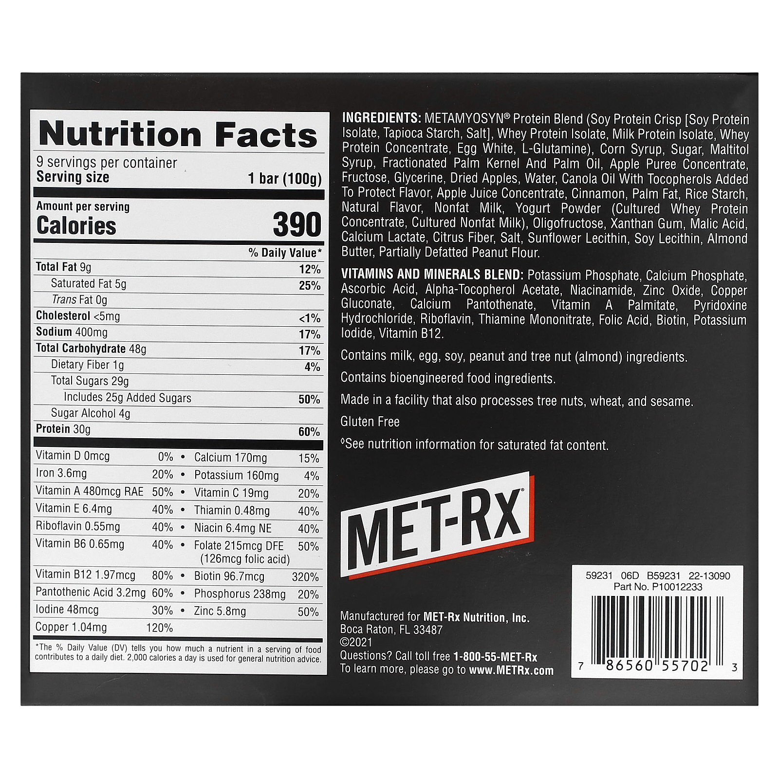 MET-Rx, Big 100, Meal Replacement Bar, Crispy Apple Pie, 9 Bars, 3.52 ...