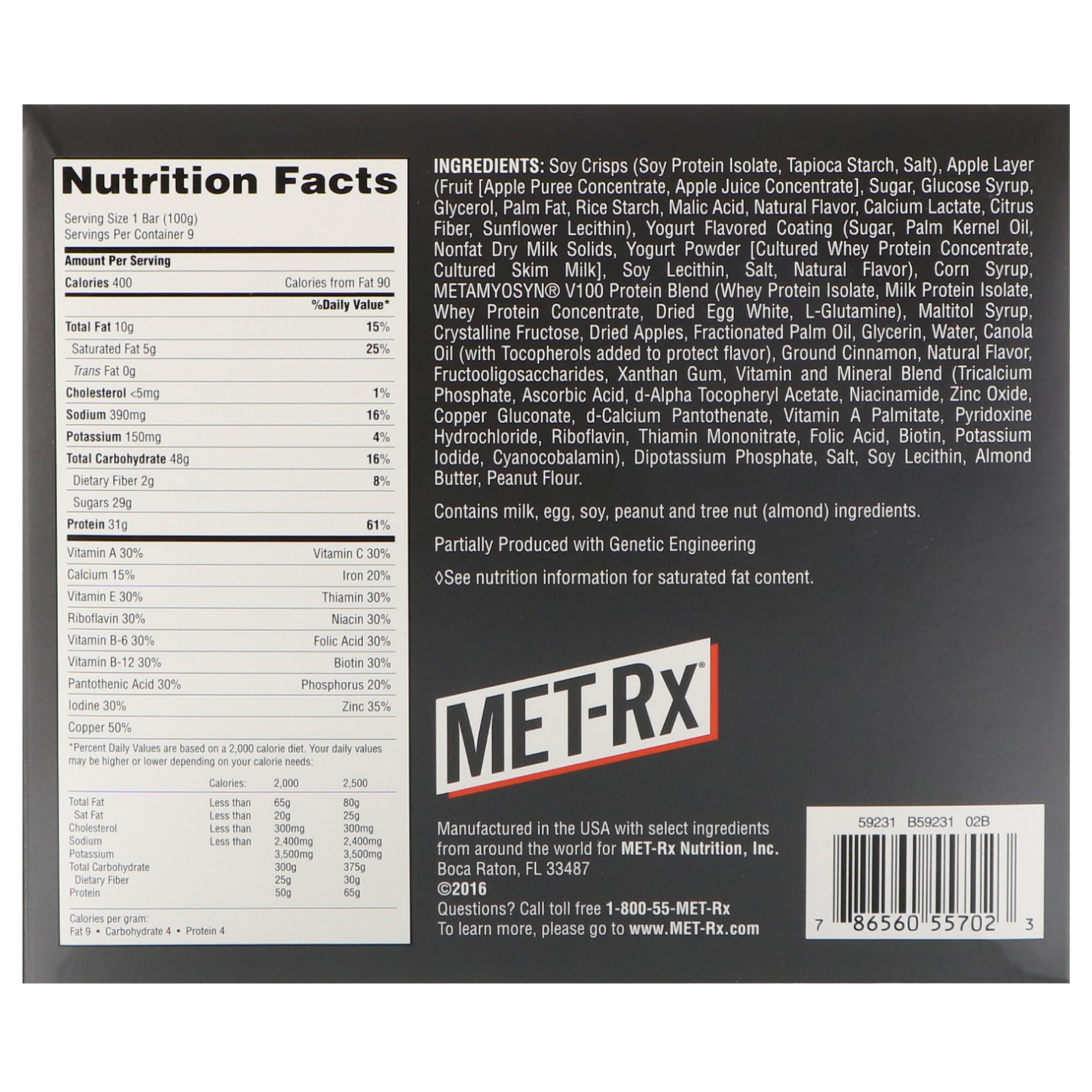 MET-Rx, Big 100, Meal Replacement Bar, Crispy Apple Pie, 9 Bars, 3.52 ...
