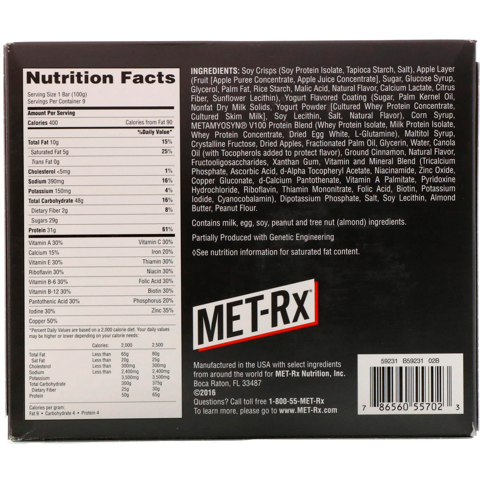 MET-Rx, Big 100, Meal Replacement Bar, Crispy Apple Pie, 9 Bars, 3.52 ...