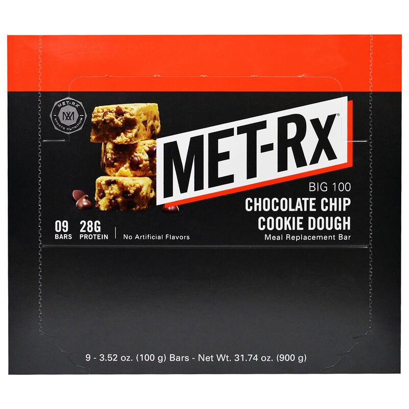 MET-Rx, Big 100, Meal Replacement Bar, Chocolate Chip Cookie Dough, 9 ...
