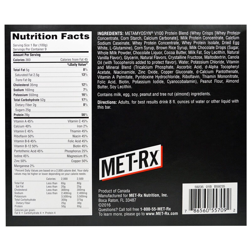 MET-Rx, Big 100, Meal Replacement Bar, Chocolate Chip Cookie Dough, 9 ...