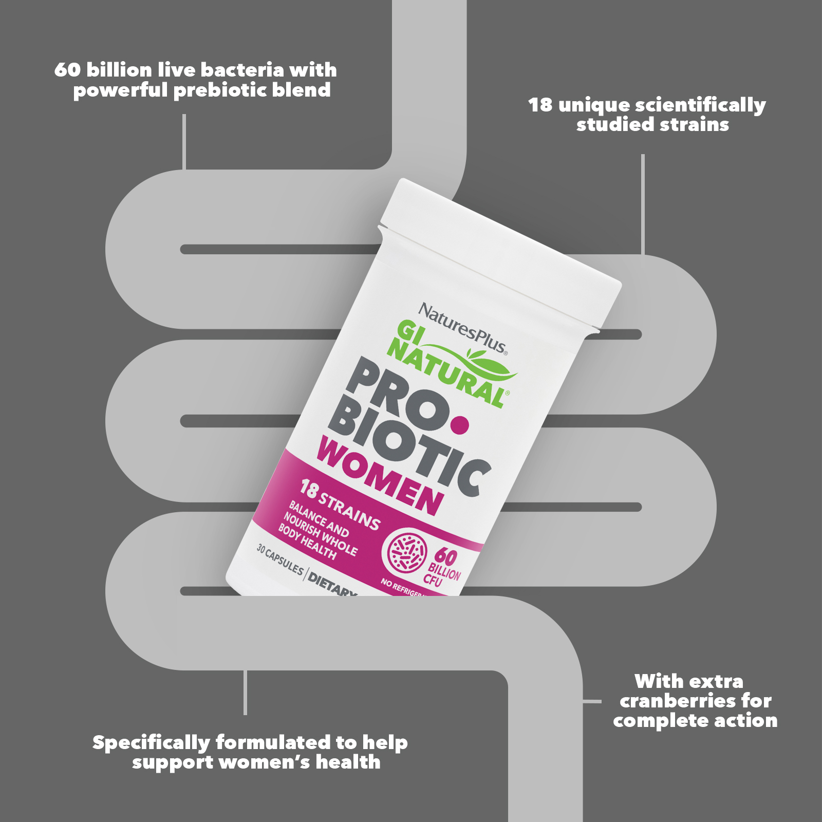 NaturesPlus, GI Natural Probiotic Women, 60 Billion CFU, 30 Capsules