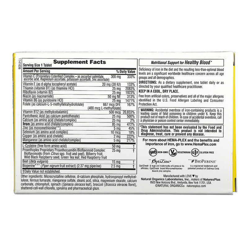 NaturesPlus, Hema-Plex, Iron with Essential Nutrients for Healthy Red ...