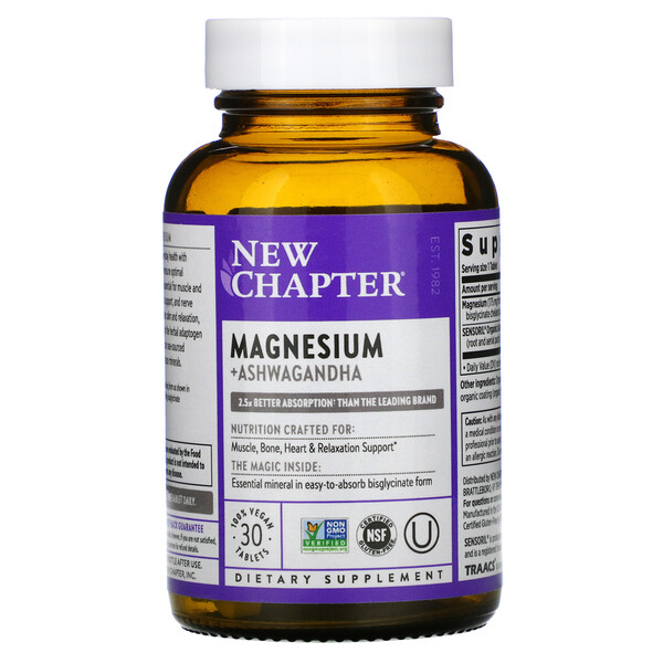 New Chapter, Magnesium + Ashwagandha, 30 Vegan Tablets - iHerb