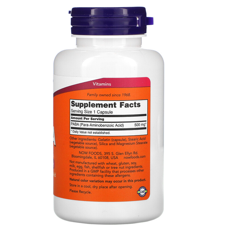 Now Foods, PABA, 500 mg, 100 Capsules - iHerb