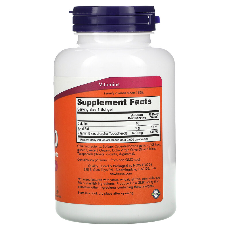 Now Foods, E-1000 avec tocophérols mixtes, 670 mg (1000 UI), 100 ...