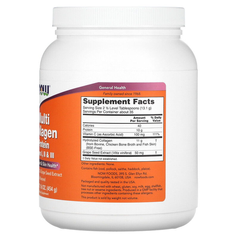 NOW Foods, Multi Collagen Protein, Type I, II & III, Unflavored, 16 oz ...