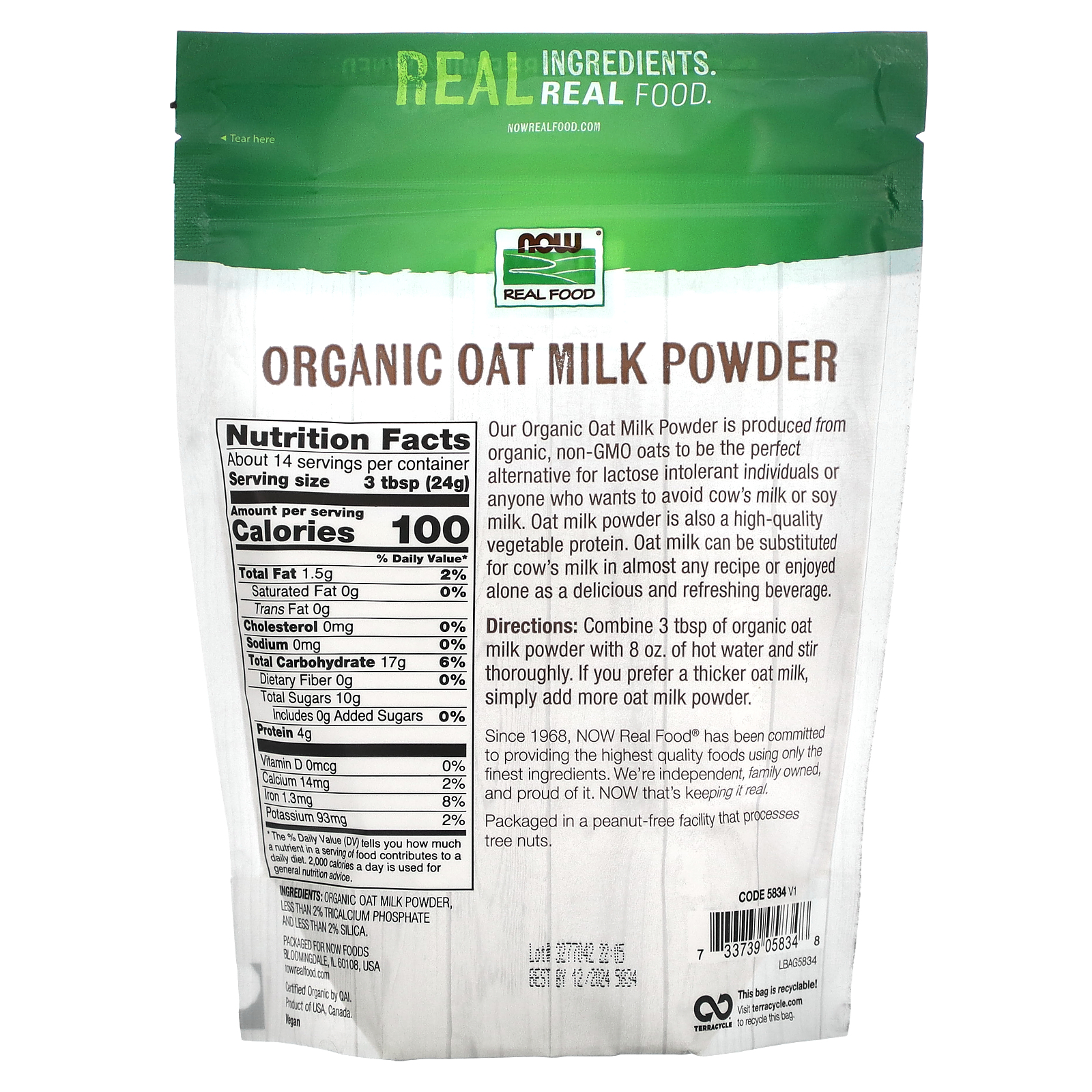 NOW Foods, Real Food, Organic Oat Milk Powder, 12 oz (340 g)