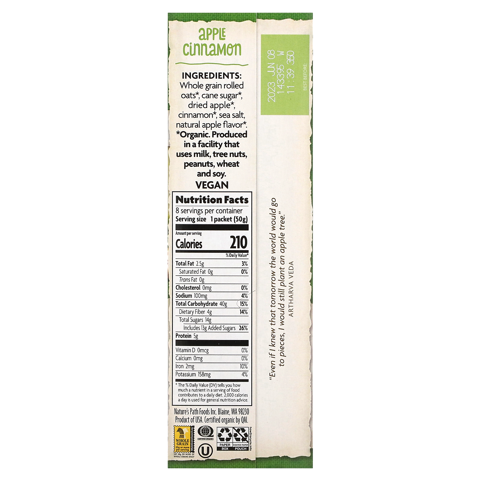 Nature's Path, Organic Instant Oatmeal, Apple Cinnamon, 8 Packets, 14 ...