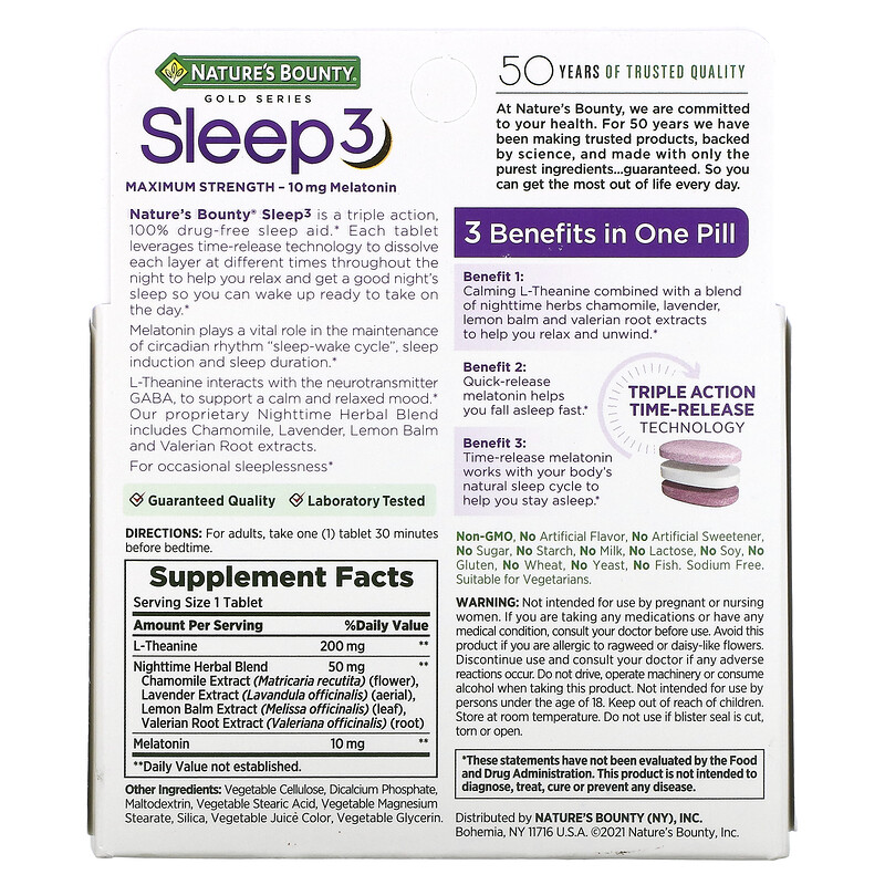 Nature's Bounty, Sleep 3, Maximum Strength, Drug-Free Sleep Aid, 60 Tri ...