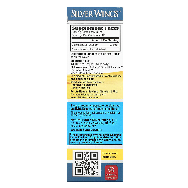 Natural Path Silver Wings, Colloidal Silver, 250 ppm, 2 fl oz (60 ml)