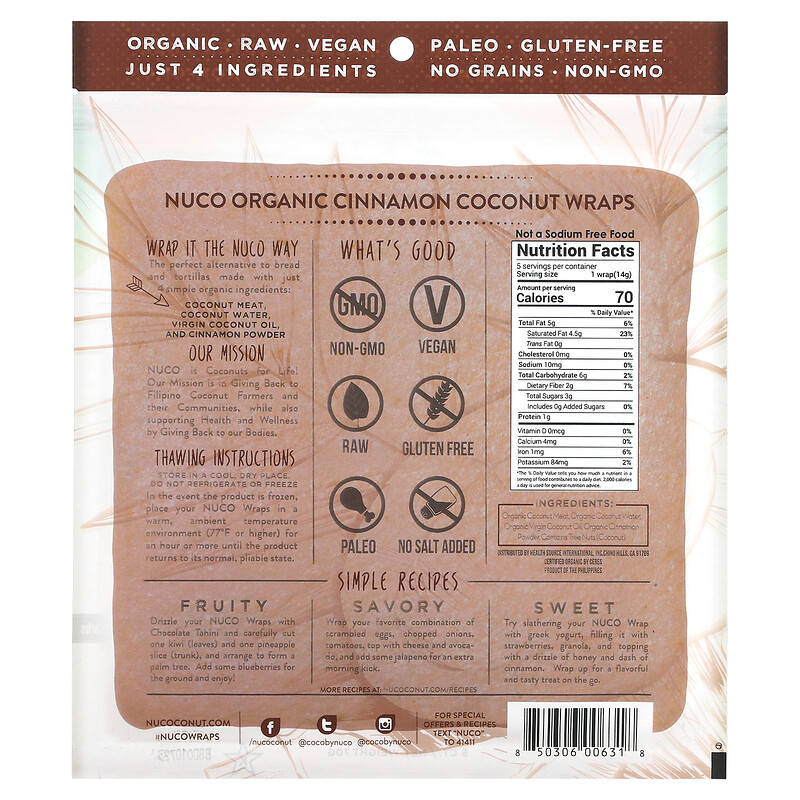 NUCO, Organic Coconut Wraps, Cinnamon, 5 Wraps, 14 g Each