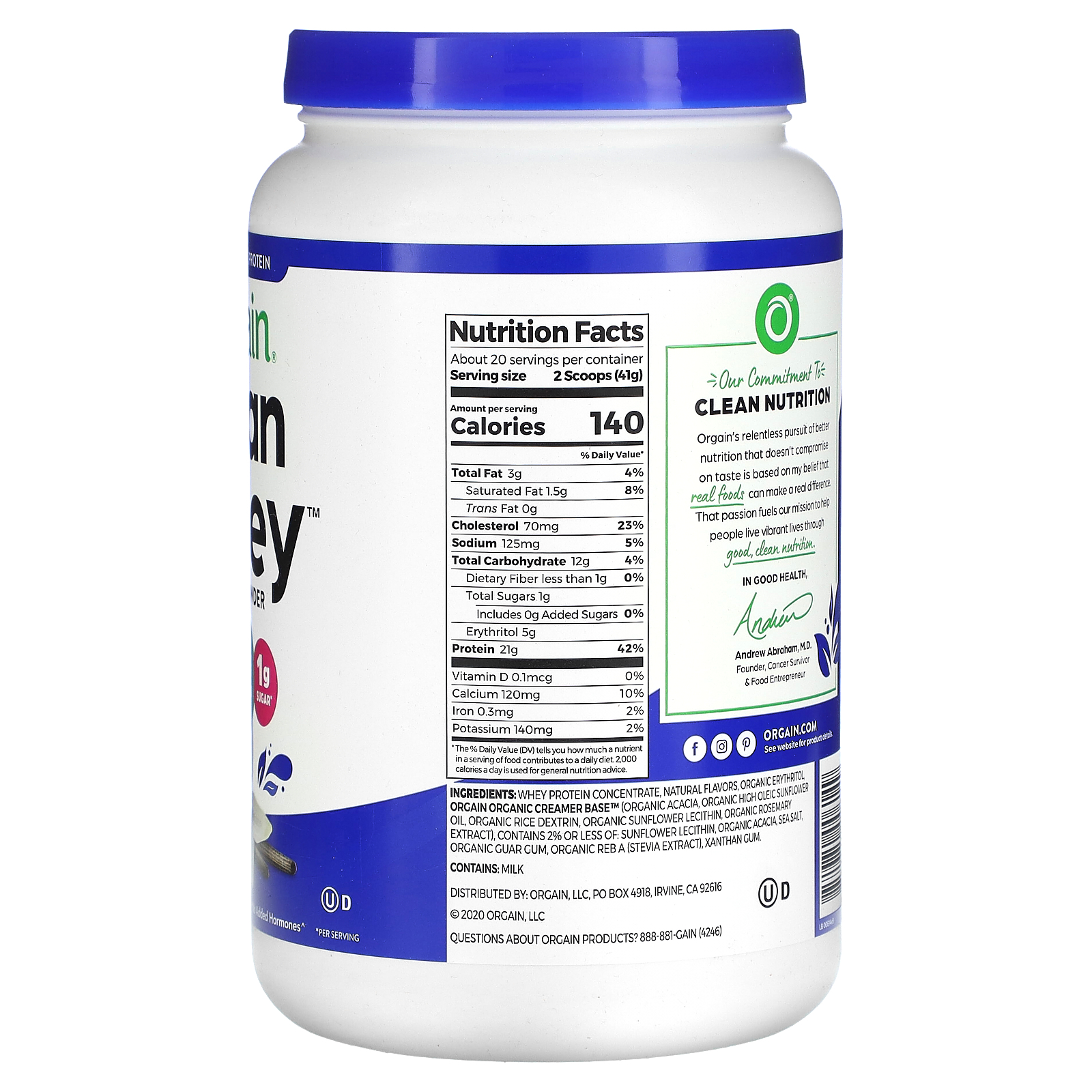 Orgain, Grass-Fed Whey Protein, Clean Whey Protein Powder, Vanilla Bean ...