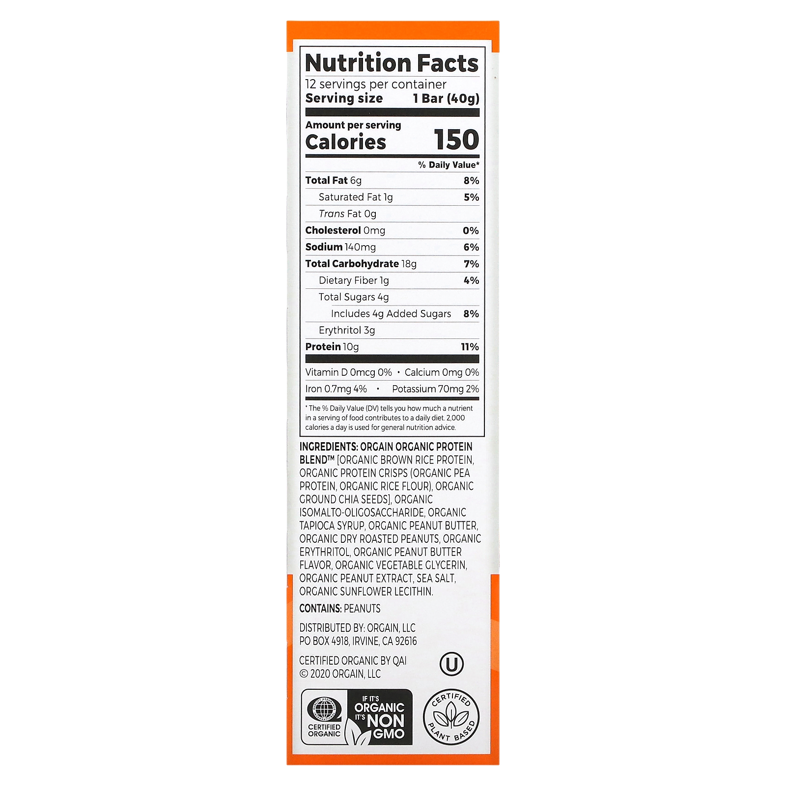 Orgain, Organic Plant-Based Protein Bar, Peanut Butter, 12 Bars, 1.41 ...