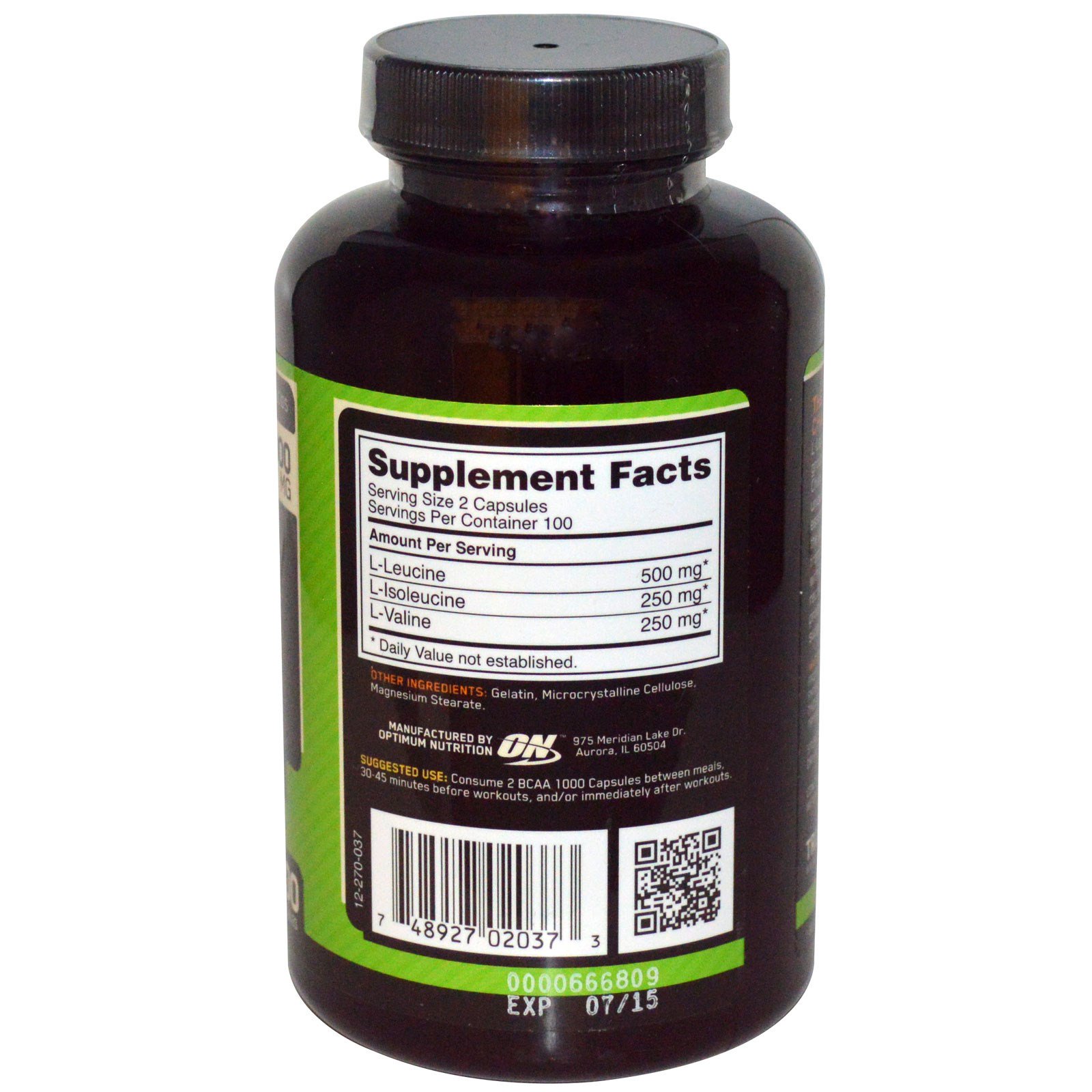Optimum Nutrition, BCAA 1000 Caps, Mega-Size, 1,000 mg, 200 Capsules ...