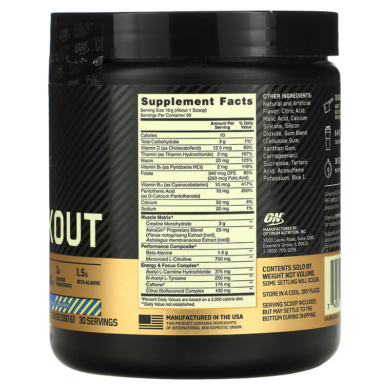 Optimum Nutrition, Gold Standard Pre-Workout, Blueberry Lemonade, 10.58 ...