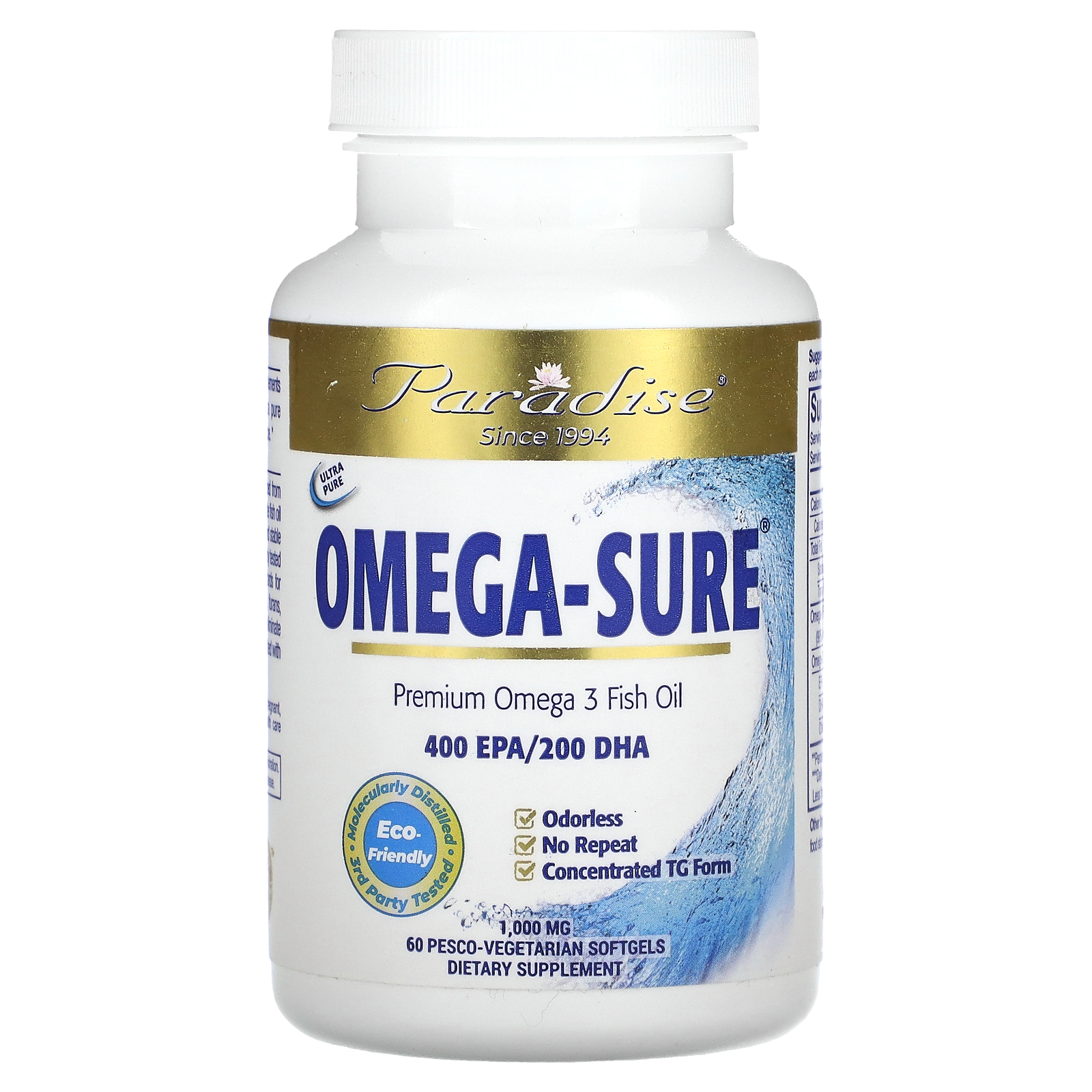 Paradise Herbs, Omega Sure，優質 Omega-3 魚油，1,000 毫克，60 粒 Pesco 素食軟凝膠