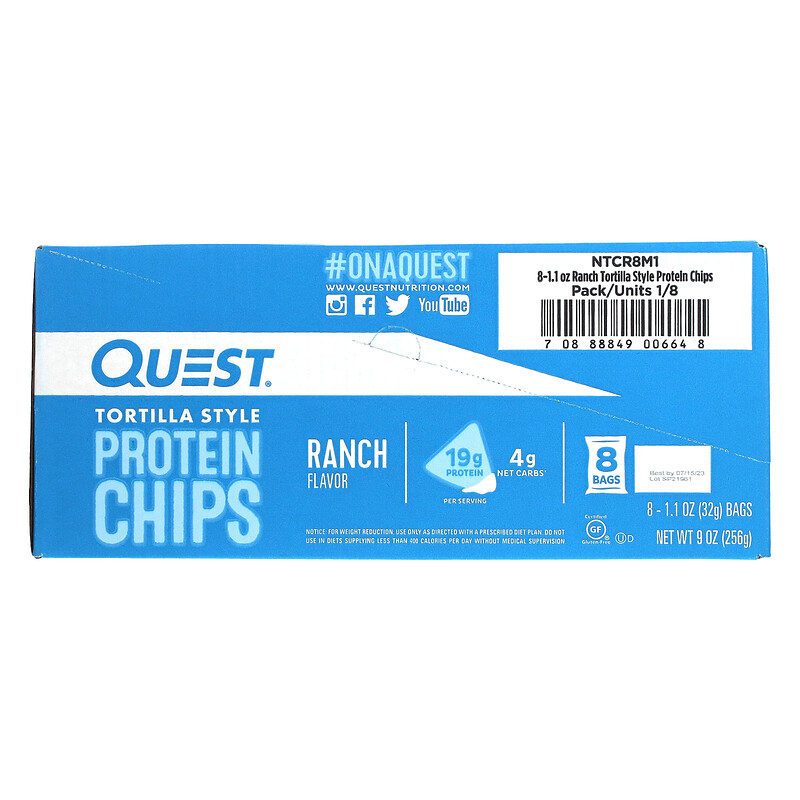 Quest Nutrition, Tortilla Style Protein Chips, Ranch, 8 Bags, 1.1 oz ...
