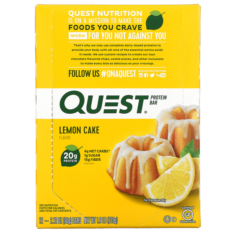 Quest Nutrition, Protein Bar, Lemon Cake, 12 Bars, 2.12 oz (60 g) Each ...