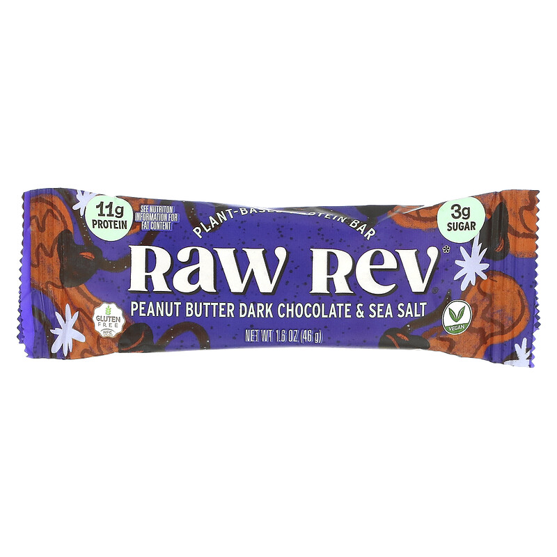 Raw Rev, Plant-Based Protein Bar, Peanut Butter Dark Chocolate & Sea Salt, 12 Bars, 1.6 oz (46 g ...