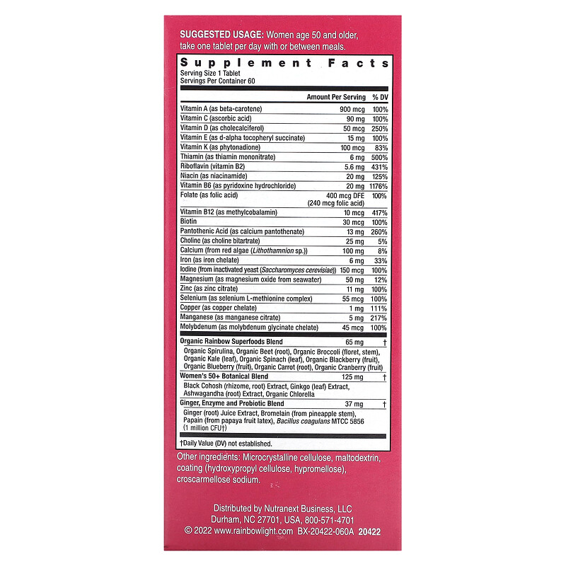 Rainbow Light, Women's One 50+, Daily Multivitamin, High Potency , 60 ...