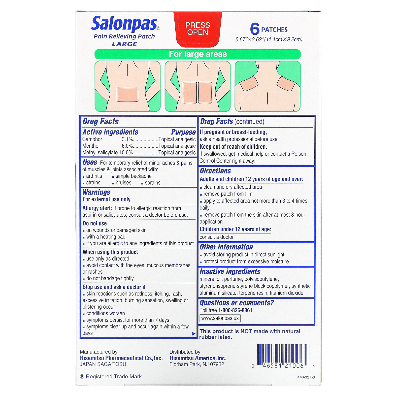 Salonpas, Pain Relieving Patch, Large, 6 Patches