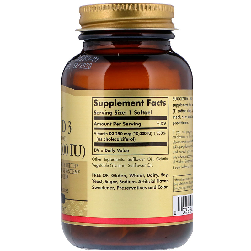 Solgar Vitamin D3 Cholecalciferol 250 Mcg 10000 Iu 120 Softgels 9127