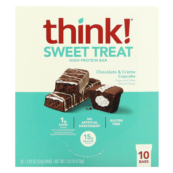 Think !, Sweet Treat High Protein Bar, Chocolate & Creme Cupcake, 10 ...