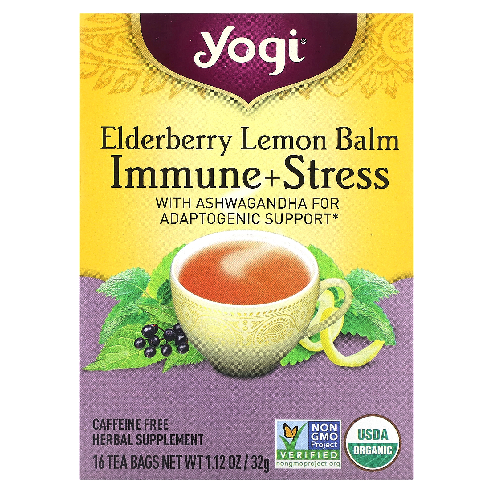 Yogi Tea, Immune + Stress, Elderberry Lemon Balm, Caffeine Free, 16 Tea ...