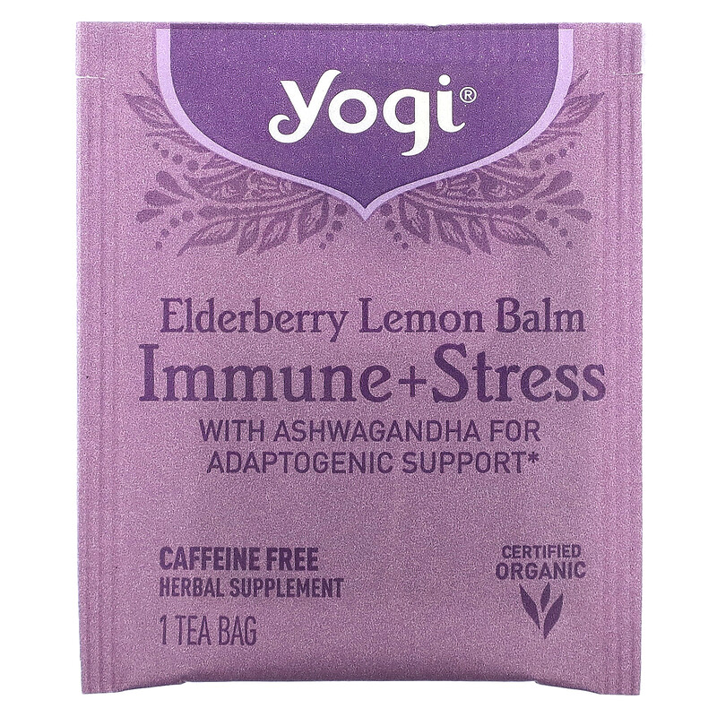 Yogi Tea, Immune + Stress, Elderberry Lemon Balm, Caffeine Free, 16 Tea ...
