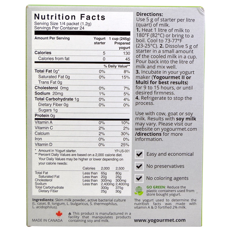 Yogourmet Probiotic Yogurt Freeze Dried Starter 6 Packets 5 G Each